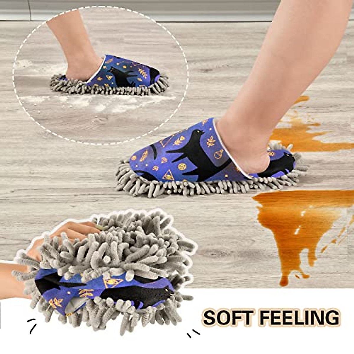 Black Cats Mop Slippers Shoes Cover for Floor Cleaning Washable Dirty Hair Dust Cleaners Microfiber Mop Socks for Office Kitchen House