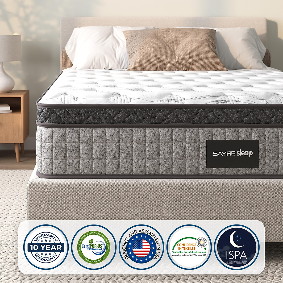 SAYRE SLEEP 12” Diamond Innerspring Hybrid and Cooling Gel Memory Foam Mattress, Pressure Relief, and Motion Isolation, CertiPUR-US and Oeko TEX Certified, Assembled in USA - Twin Mattress