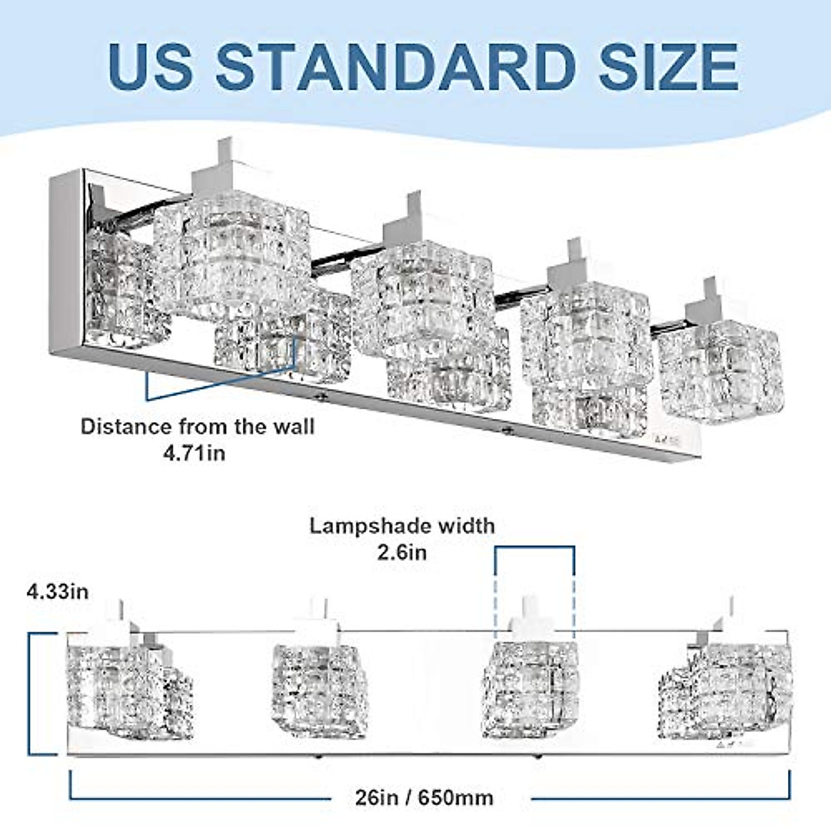 TRLIFE Bathroom Vanity Light Fixtures, 26inches Crystal Vanity Light Fixture Modern Bathroom Lights Over Mirror 4 Lights Vanity Light for Bathroom