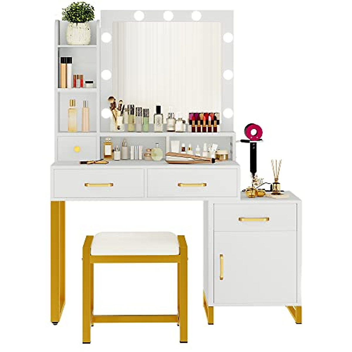 DWVO 41.2inch Makeup Vanity with Mirror and Lights, Vanity with Lights and Drawers, Vanity Mirror with Lights and Table Set, 3 Color Adjustable Lighting Brightness & Power Outlet, White