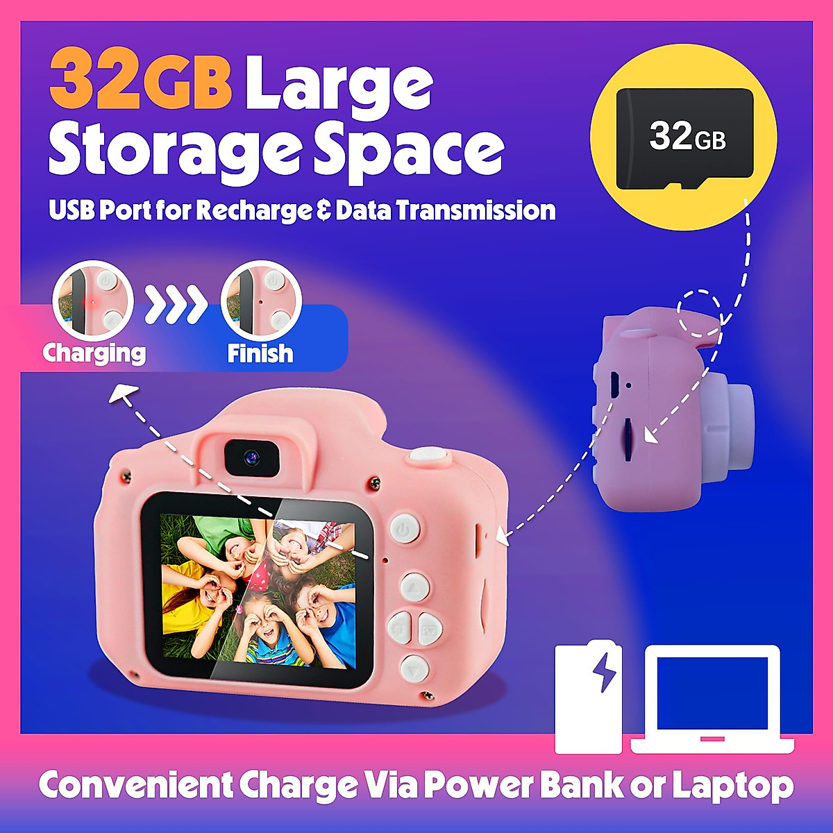 Kids Camera for Boys and Girls - BELLOCHIDDO Toddler Camera for Kids Toy Gift, Children Camera Christmas Birthday Gifts for Age 3-8 with 32GB SD Card, Selfie Camera Recorder 1080P IPS 2 Inch(Pink)