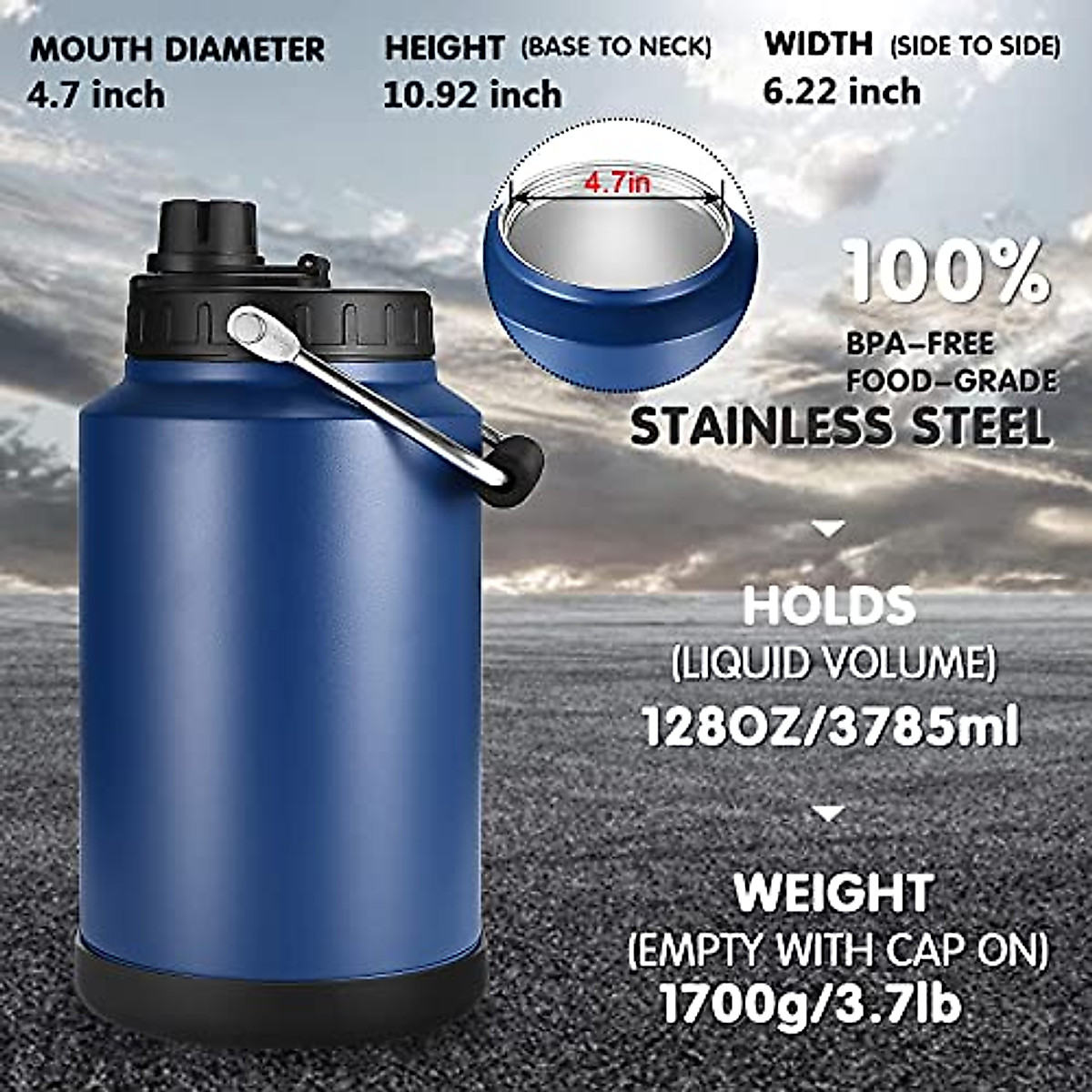 Sursip 128OZ Insulated Water Jug,One Gallon Vacuum Stainless Steel Double Walled Water Bottle with Stainless steel Handle,18/8 Food-Grade Insulated Water Bottle,Travel Drinking Water Flask-Army Green
