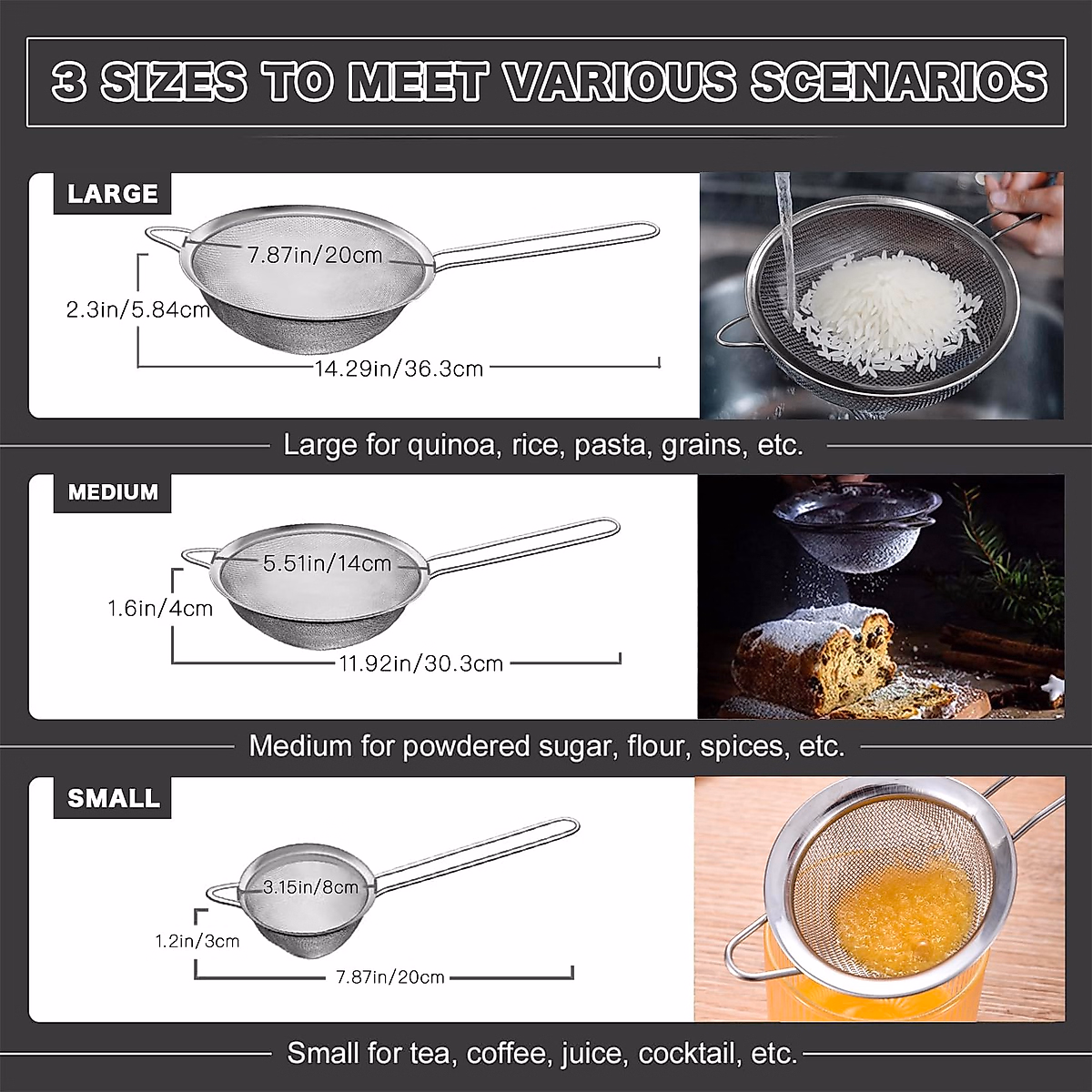 UrDee Stainless Steel Kitchen Metal Food Strainers Effective Cone Shaped Cocktail Strainer For Cocktails, Tea Herbs, Coffee & Drinks - Sieve Fine Mesh Stainless Steel for Rice, Quinoa, Pasta, Fruit