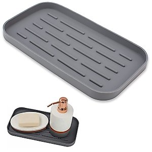 BuRuiJi Sponge Holder for Kitchen Sink,Silicone Sink Tray for Sponge, Soap Dispenser, Scrubber, and Other Kitchen Sink Accessories 10”x 5.3” (Grey)
