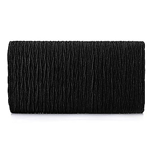 ZIUMUDY Womens Satin Pleated Evening Bags Party Clutches Bridal Shoulder Chain Handbags (Black)