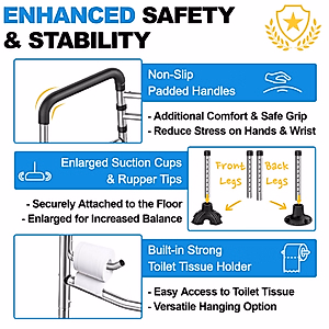 Medhelp FSA/HSA Eligible Toilet Safety Rails, 380lbs Stainless Steel Adjustable Toilet Safety Frame, Toilet Rails with Handles & Toilet Paper Holder, Toilet Bars for Elderly, Disabled & Handicap
