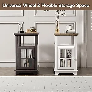 HIFYOBRO End Table with Fast Charging Station, Side Table on Wheels, Storage End Table with Electric Fireplace, Suitable for Living Room Bedroom (Espresso)