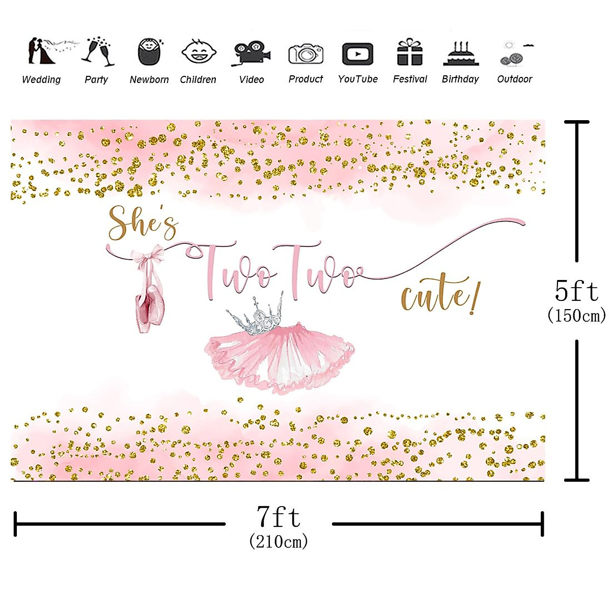 Aperturee 7x5ft 2nd Birthday Backdrop Two Cute for Girls Golden Dots Blush Pink Glitter Ballet Shoes Tutu Crown Photography Background Princess Bday Party Decorations Banner Photo Booth Props