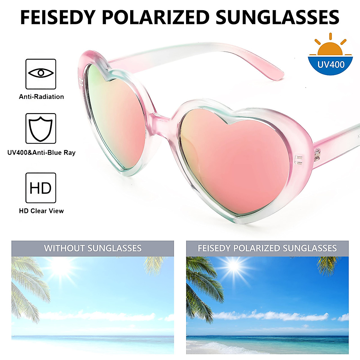 FEISEDY Polarized Heart Shaped Sunglasses Oversized Vintage Fashion Love Eyeglasses for Women UV400 B2337