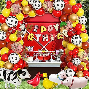 Amandir Farm Animals Birthday Party Decorations, 123Pcs Red Yellow Balloon Garland Arch Kit Cow Print Banner Cake Toppers Walking Animal Balloons for Farmhouse Barnyard Baby Shower Party Supplies