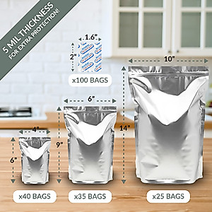 100 MYbag Mylar Bags for Food Storage With Oxygen Absorbers 5 Mil Thick 300cc Labels, 4"x6" Resealable Mylar Bag for Candy, Packaging ,Long Term Storage ,Variety Pack of 10"x14", 6"x9"