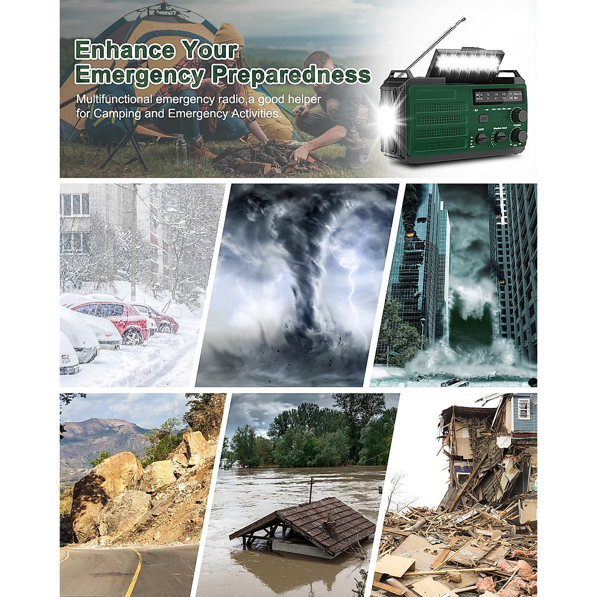 Emergency Radio, 29600mWh Hand Crank Radio, AM FM NOAA Weather Alert Radio, Solar Radio, 3-Mode Flashlight, Reading Lamp, SOS Alarm, Phone Charger for Hurricane and Emergency