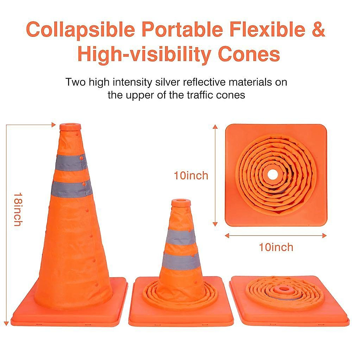 hatatit 4 Pack 18" Collapsible Traffic Cones PVC Safety Road Parking Cones Fluorescent Orange Up Reflective Safety Cones
