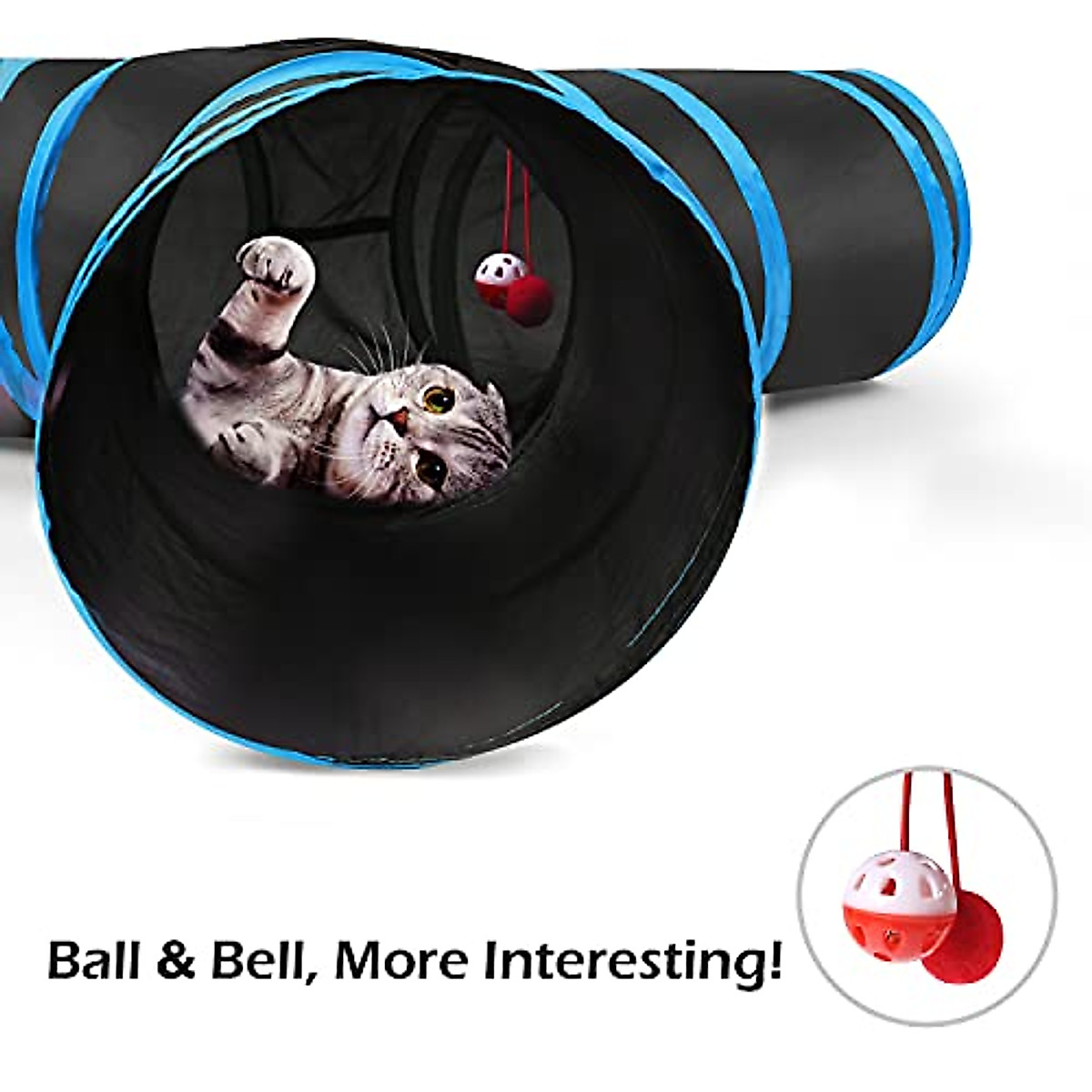 Pawaboo Cat Toys, Cat Tunnel Tube 3-Way Tunnels 25x40cm Extensible Collapsible Cat Play Tent Interactive Toy Maze Cat House Bed with Balls and Bells for Cat Kitten Kitty Rabbit Small Animal, Blue