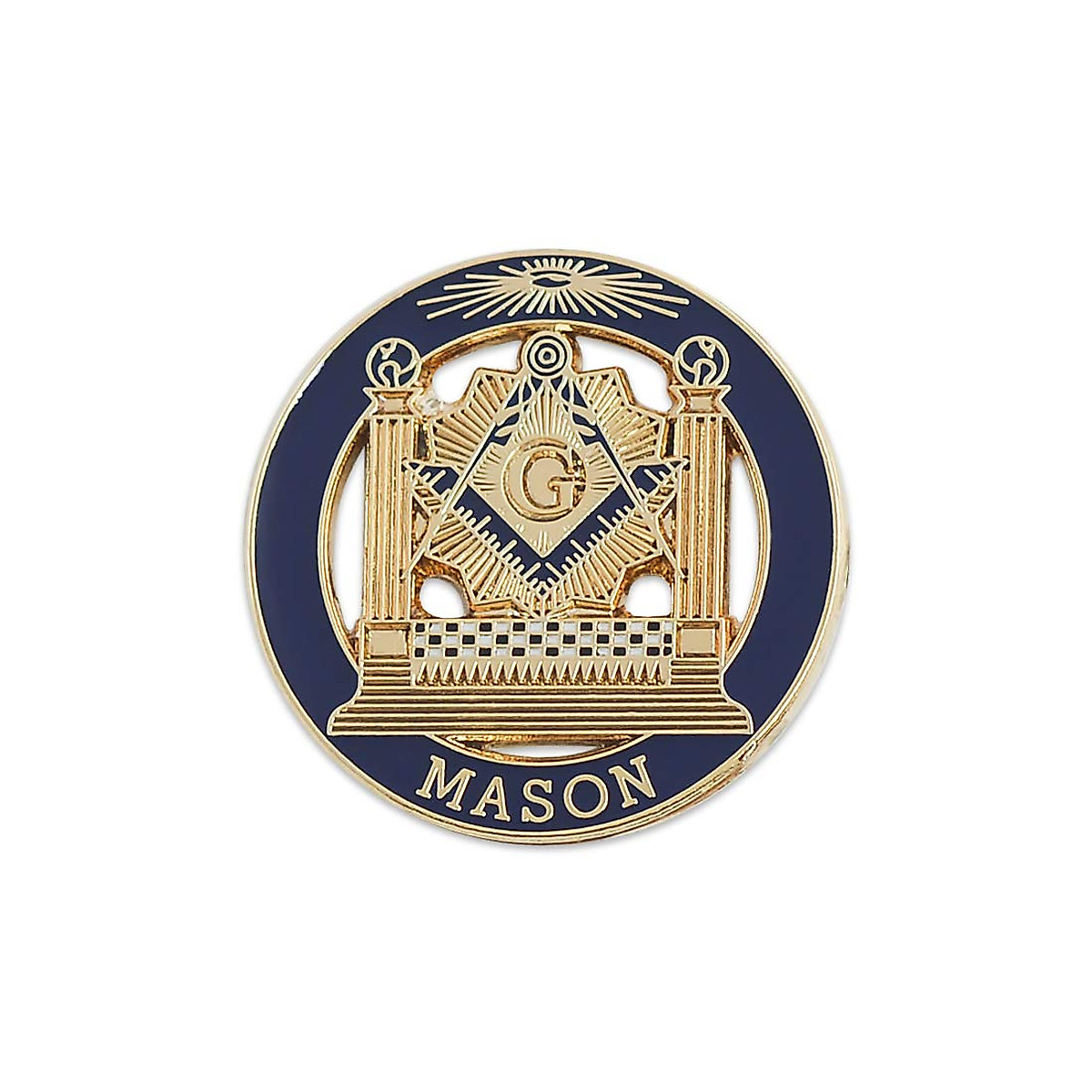 Square & Compass with Double Column Round Masonic Lapel Pin - [Blue & Gold][1'' Diameter]