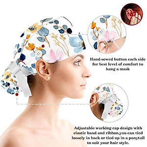 Adjustable Floral Design Scrub Cap, Working Hat Hair Cover with Ponytail Pouch, Soft Bouffant Surgical Nurse Cap