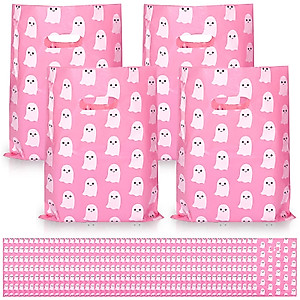 JarThenaAMCS 100Pcs Halloween Party Favor Bags Pink Ghost Halloween Treat Bags Plastic Candy Goodies Bags with Handles Party Favor Bags for Trick or Treat Party Birthday Baby Shower Wrapping Supplies