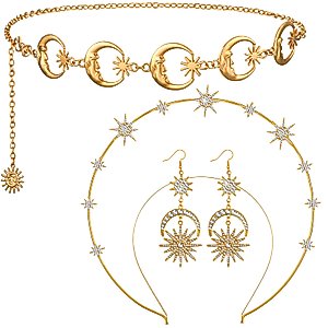 Cunno 3 Pieces Crown Earrings for Women Belt Chain Set Stars Crown Drop Earrings Moon Star Body Chain Belt (Elegant)