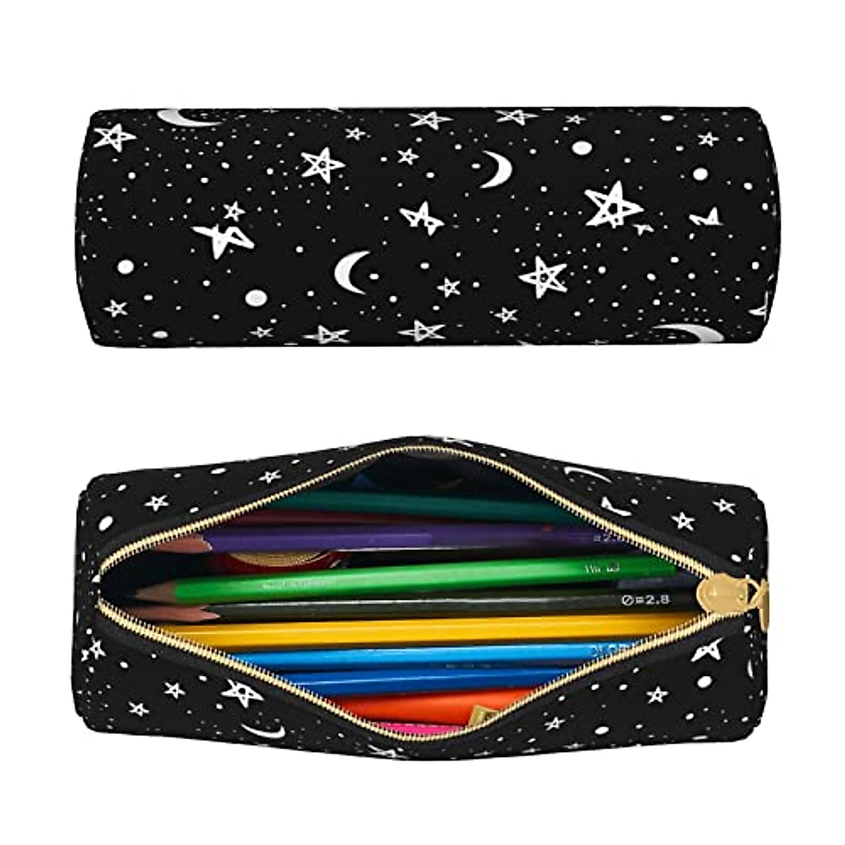 YANGDADA Black Moons White Stars Leather Cylinder Pencil Case, Pencil Pouch Medium Capacity Portable Multifunction Pen Bag For Girls Boys Kids Teen
