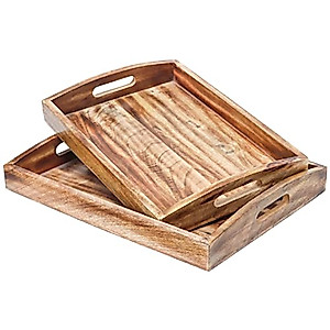 Serving Tray with Handles - Vanity Tray, Wooden Tray, Trays for Coffee Table, Bathroom Trays for Counter, Ottoman Tray, Party Trays for Serving Food, Rectangle Tray, Set of 2 Brown