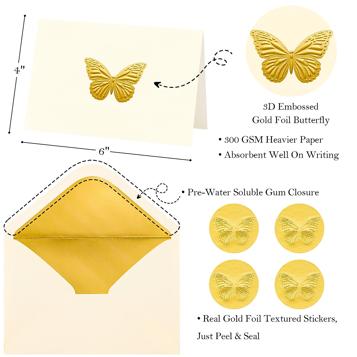 Crisky Embossed Gold Blank Greeting Cards with Envelopes & Stickers 25 Pack Butterfly Note Cards Bulk for Birthday, Baby Shower,Bridal Shower, Wedding, Graduation Blank Inside