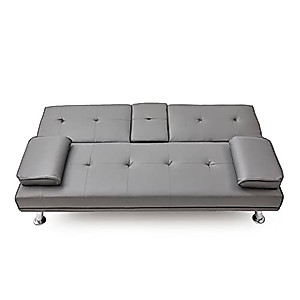 Eafurn Faxu Leather Convertible Sofa Bed with Cup Holders,Folding Futon Couch Recliner Sleeper Loveseat Reversible Daybed, Button Tufted Sofabed with Removable Pillow Top Armrests, Grey 67"