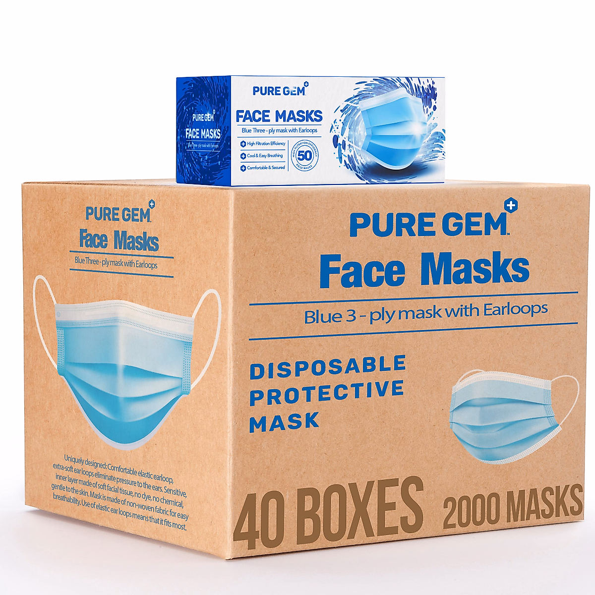 PURE GEM [Pack Of 2000] Premium Disposable Blue Face Mask, Soft on Skin, Pack of 3-Ply Masks Facial Cover with Elastic Earloops