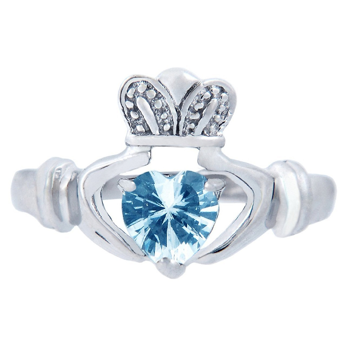 Personalized Sterling Silver Solitaire March Birthstone CZ Heart Irish Claddagh Ring (Size 7)