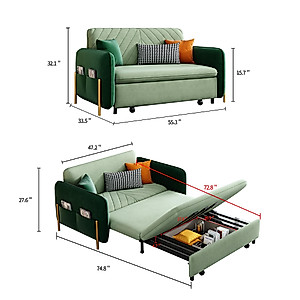comfor u 53.5" Full Sleeper Sofa Green Upholstered Convertible Sofa Bed 3 in 1 Sleeper Sofa Couch Bed, Small Tufted Velvet Convertible Loveseat Futon Sofa w/Pullout Bed, Multi-Pockets for Living Room