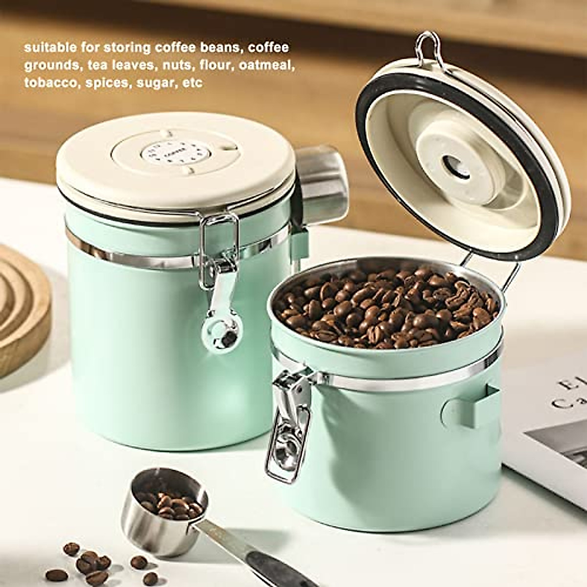 CHICIRIS Food Canister, Coffee Bean Container, Coffee Canister Mint Green Food Grade Stainless Steel Airtight Coffee Container with Scoop Date Wheel for Tea Nuts (1.5L)