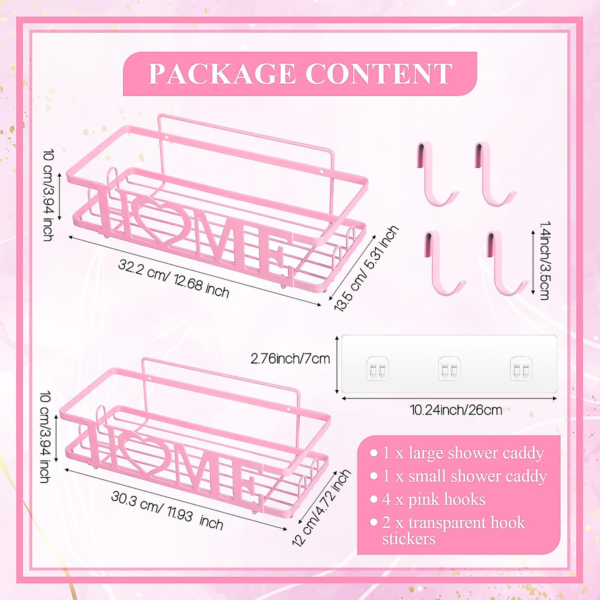 Tisancy Bathroom Accessories Set 2 Set Shower Caddy for Bathroom Organizer Wall Decor for Tub Kitchen Self Adhesive Wall Mounted Storage No Drilling Shower Rack Basket Bin Tray with 4 Hook Heart Sign