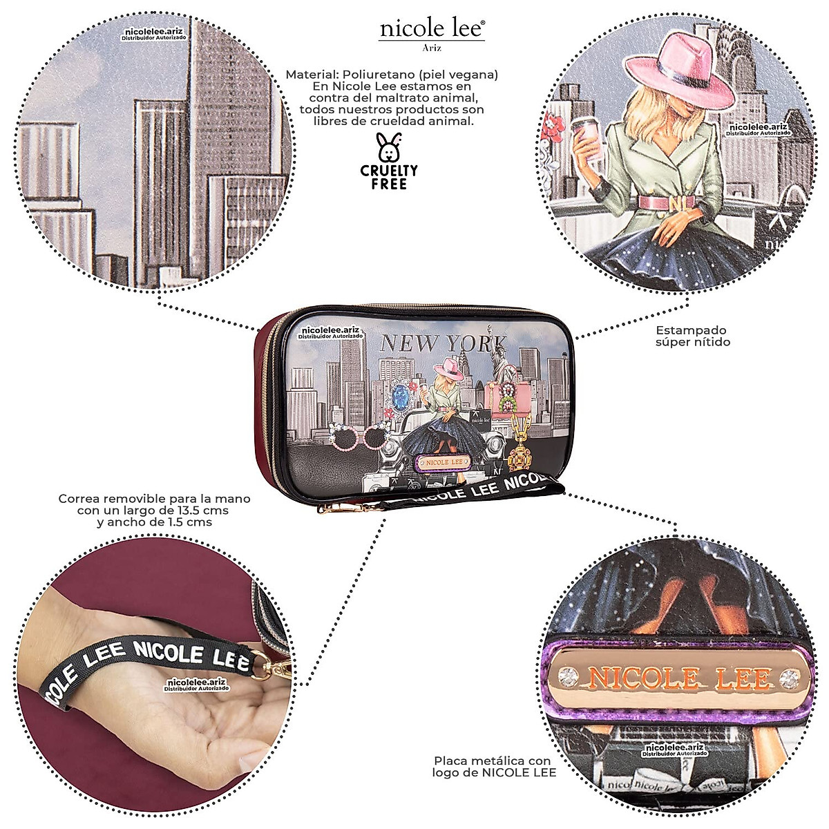 Nicole Lee Cosmetic Makeup Brush Organizer Zip Bag, Multiple Travel Compartments, Removable Wristlet Strap (Success in New York)