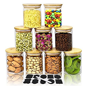 Hoanra 15oz Glass Jars with Airtight Bamboo Lids, Small Food Storage Containers, for Kitchen Pantry Organization Tea Coffee Candy Cookies Nuts（9 Pack）