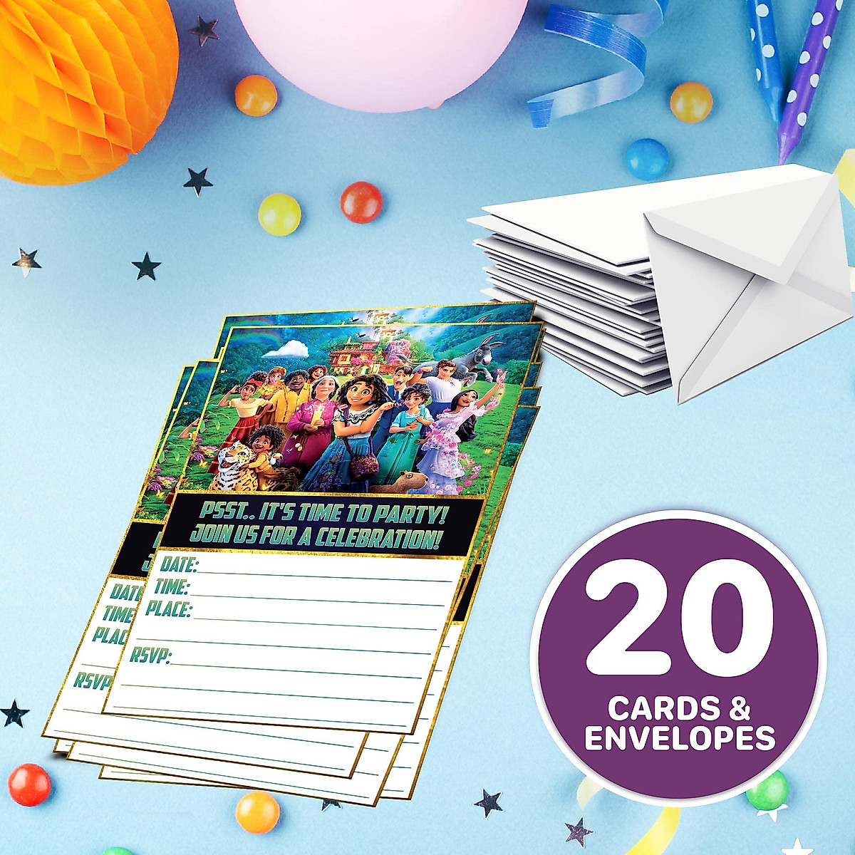 Set of 20 Encanto -Themed Happy Birthday Invitation Cards & Envelopes - Lightweight (240g), Postcard Style Invites for the Perfect Party Pack