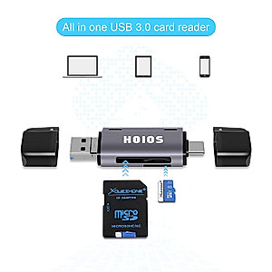 SD Card Reader USB-C,3-in-1 Memory Card Reader with Tri-Connectors, USB 3.0 Card Reader Adapter for SDXC,Micro SDXC,Compatible with Windows,Mac OS,Linux, Android,Silver Gray