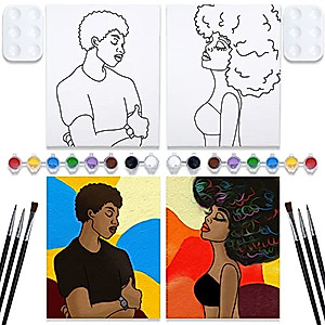 VOCHIC Couples Paint Party Kits Pre Drawn Canvas for Adults for Paint and Sip Date Night Games for Couples Painting kit 8x10 Afro Girl Boy (2 Pack) Valentine