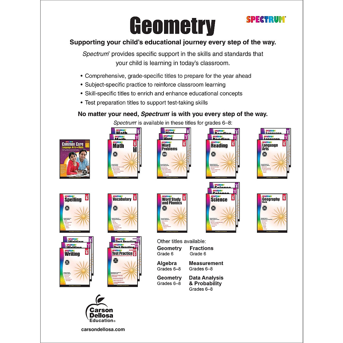 Spectrum Grades 6 - 8 Geometry Workbook, Ages 11 to 14, Geometry Math Workbook, Angles, Shapes, Coordinate Plane, Perimeter, Area, and Volume, Focus on Points, Lines, Rays, and Polygons - 128 Pages