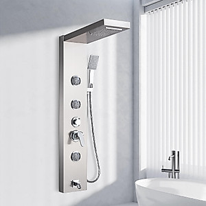 AlenArt Shower Panel Massage Jets Rainfall Waterfall Shower Head, Shower Stainless Steel Wall Mount Massage Multi-Function Bathroom Shower Panel Tower System, Brushed Nickel……