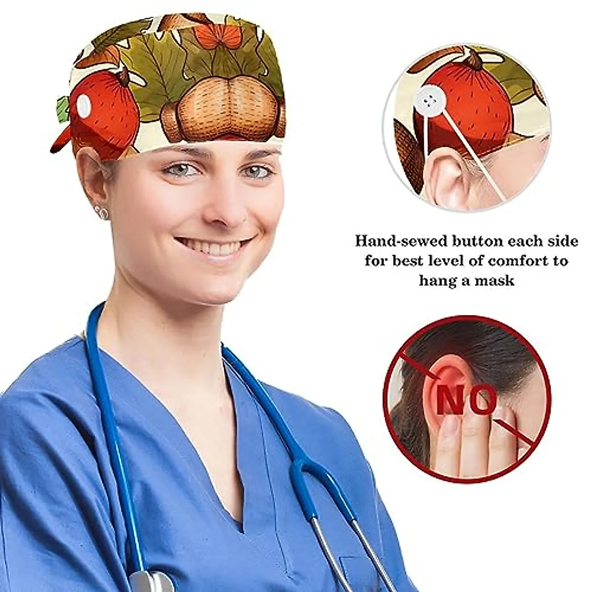 Happy Thanksgiving Acorns Bouffant Working Cap with Ribbon Tie for Women Long Hair, Scrub Surgical Hat, One Size Head Cover