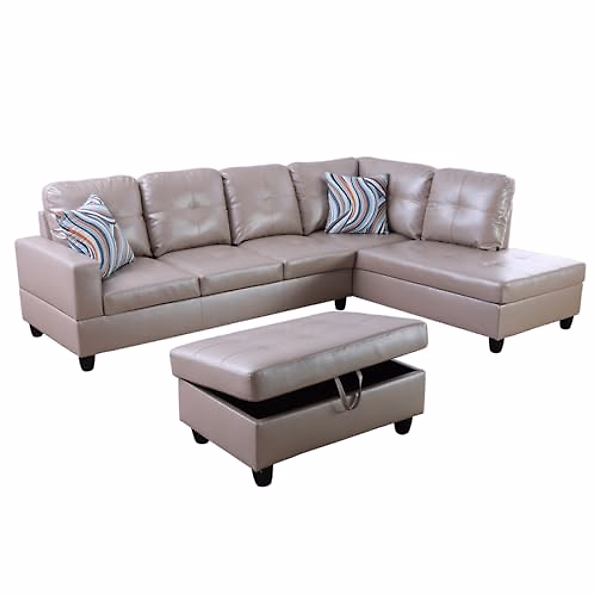 NOTOP 3-Piece Faux Leather L-Shaped Sectional Sofas, Button Tufted Upholstered Couch Set with Right Chaise Longue and Storage Ottoman, for Living Room, Home, Office, Latte