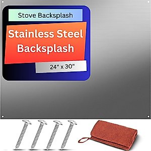 Lostronaut Stainless Steel Backsplash for Kitchen Wall - 24" x 30" Oven Spatter Shield with Pre-Drilled Holes - Mounting Screws & Microfiber Towel - Quick Install Splash Plate Stain Guard for Stove