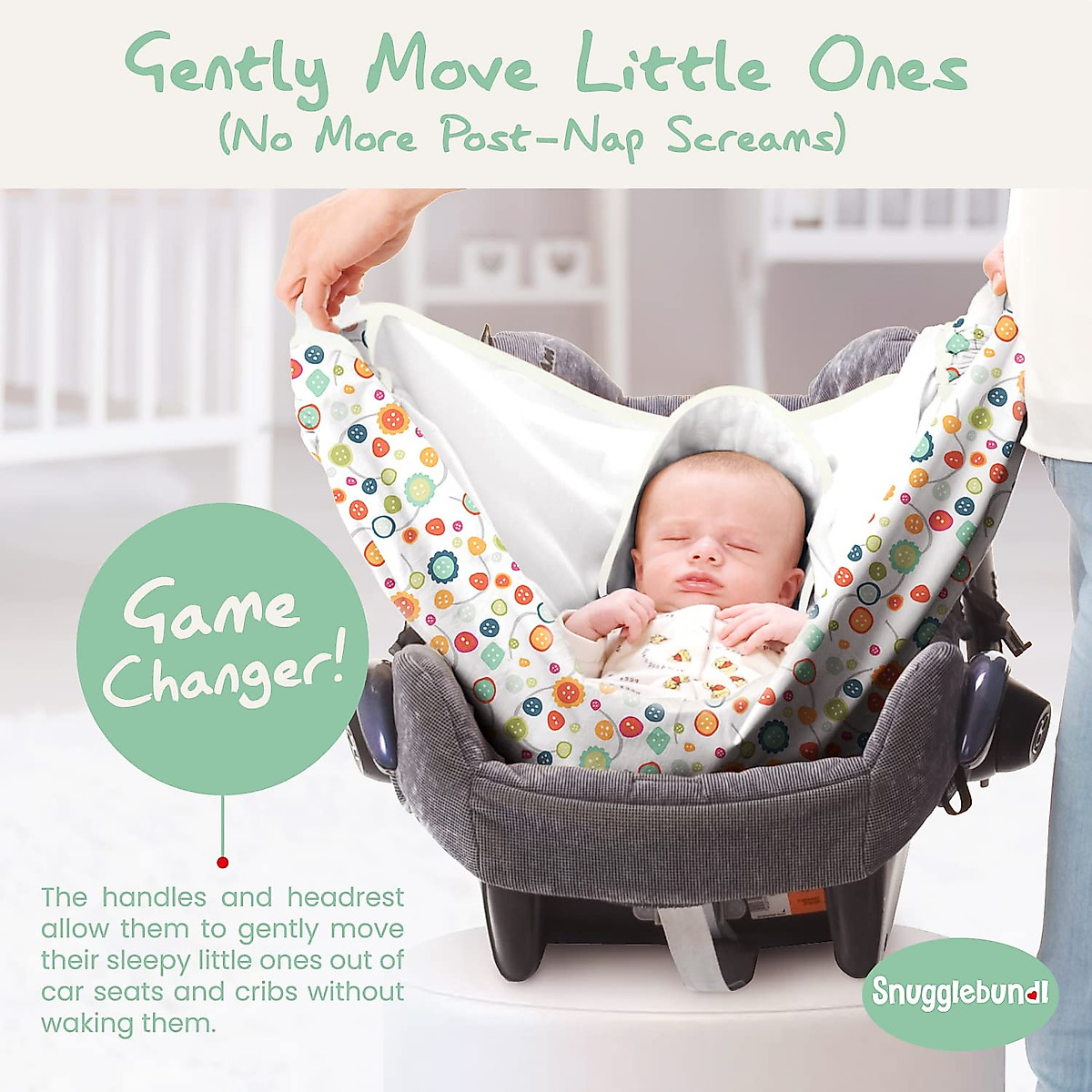 ​​Snugglebundl Baby Lift Carseat Blanket Insert (Baby Button Bunting w/ Handles) Organic Cotton Car Seat Swaddle for Baby Boys & Girls 0-18 Months