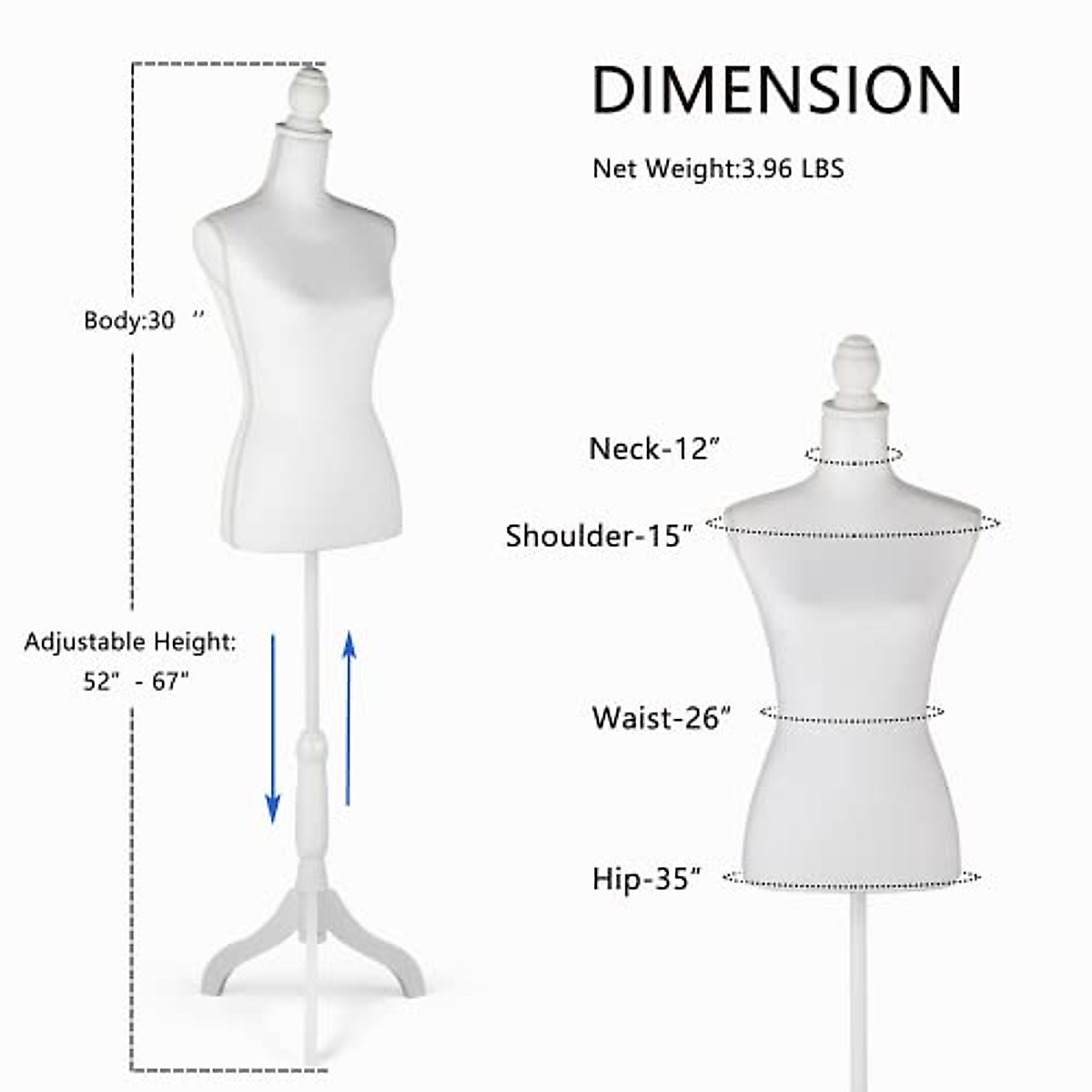 Encomle Dress Form Female Mannequin Torso, Height Adjustable Mannequin Body with Stand for Sewing, Display, White