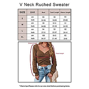 PRETTYGARDEN Fall Long Sleeve Cropped Sweaters for Women 2023 Off The Shoulder V Neck Ruched Ribbed Knit Going Out Tops (Coffee, Medium)