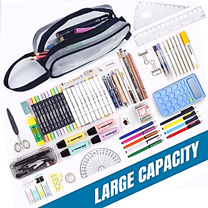 Aosbos Mesh Pencil Case, Clear Pencil Pouch Pencil Bags, Transparent Pen Holder Bag, Multi-Purpose Organizer Box with Portable Strap, White and Black