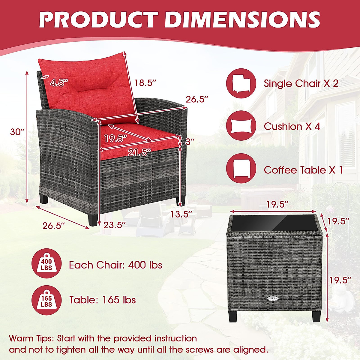 ORALNER Patio Furniture, 3 Pieces Outdoor Wicker Conversation Set Chairs with Soft Cushions and Glass Coffee Table, Rattan Bistro Set for Balcony Garden Deck Front Porch Poolside (Red)