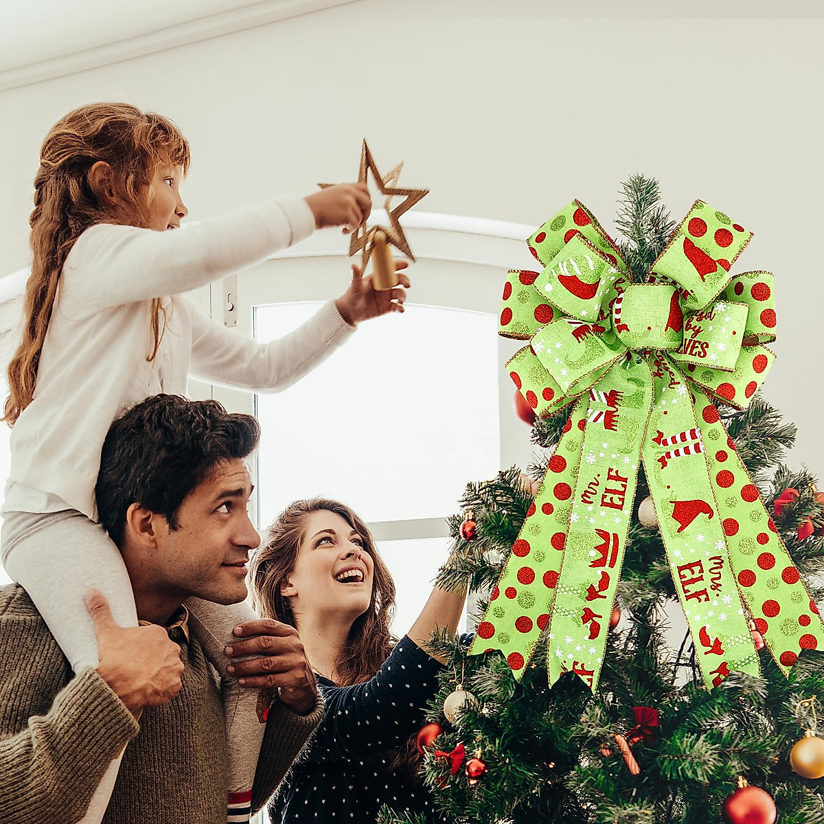 Lyrow 40 Yards Christmas Glitter Wired Edge Ribbon Xmas 2.5 Inch Polka Dot Green Red Elf Hat Craft Ribbon Burlap Decorative Ribbon for Christmas Tree Wreath Wrapping DIY Craft Gifts