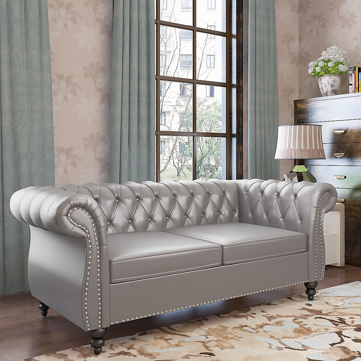 QHITTY Accent Sofa, Chesterfield Loveseat Modern Leather Couch Upholstered Sofa with Tufted Back for Living Room Furniture (Grey)