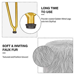 GREENSTELL Vanity Stool Chair with Storage, 15.75" W x 19.29" H Round Faux Fur Ottoman with 4 Metal Legs, Furry Padded Seat, Modern Multifunctional Makeup Stool for Bedroom Living Room Grey