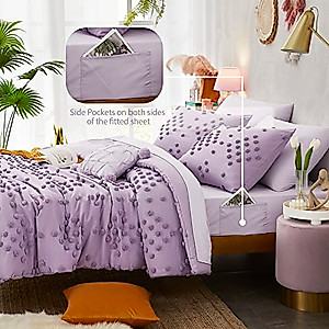 Geniospin Full Comforter Set 8 Pieces, Bed in A Bag with Comforters, Sheets, Pillowcases & Shams - Pom Tufted Design Microfiber, All Season Down Alternative Bedding Sets (Purple, 80 x 90 Inches)